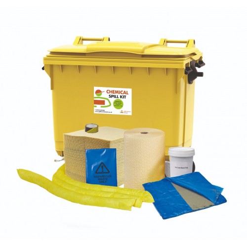 600 litre Chemical Spill Kit - 4 Wheeled Bin with Drain Cover & Putty ...